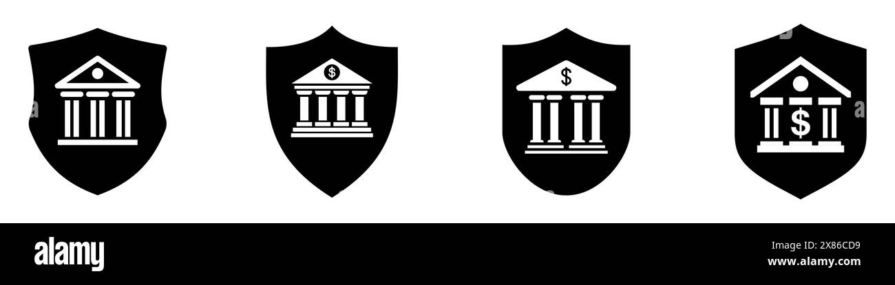 Shield icon with bank building symbol. Vector illustration. Security ...