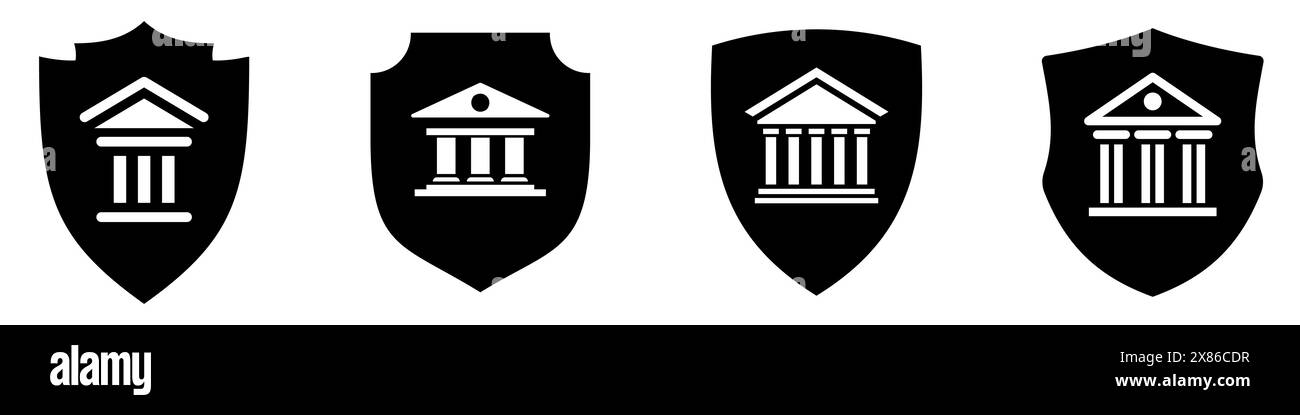 Shield icon with bank building symbol. Vector illustration. Security ...
