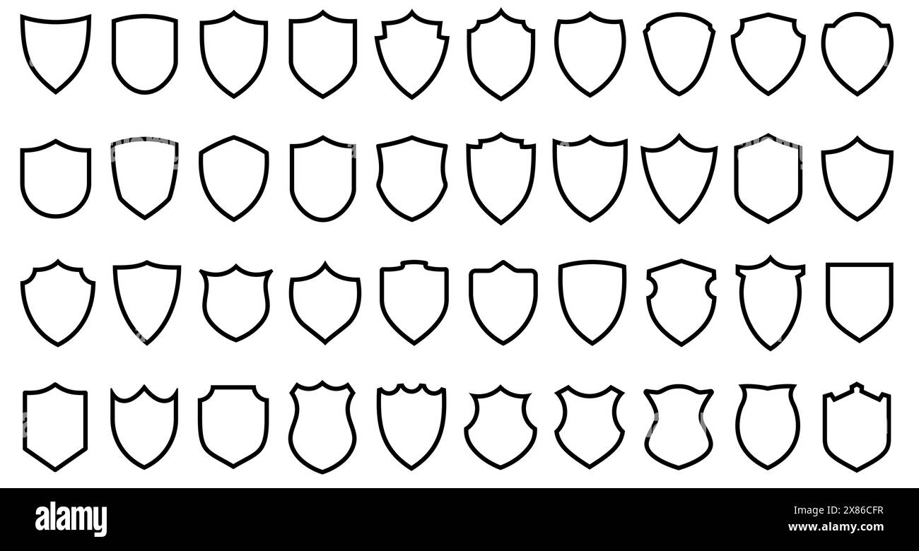 Shield icons set. Black linear shields of different shapes in flat ...