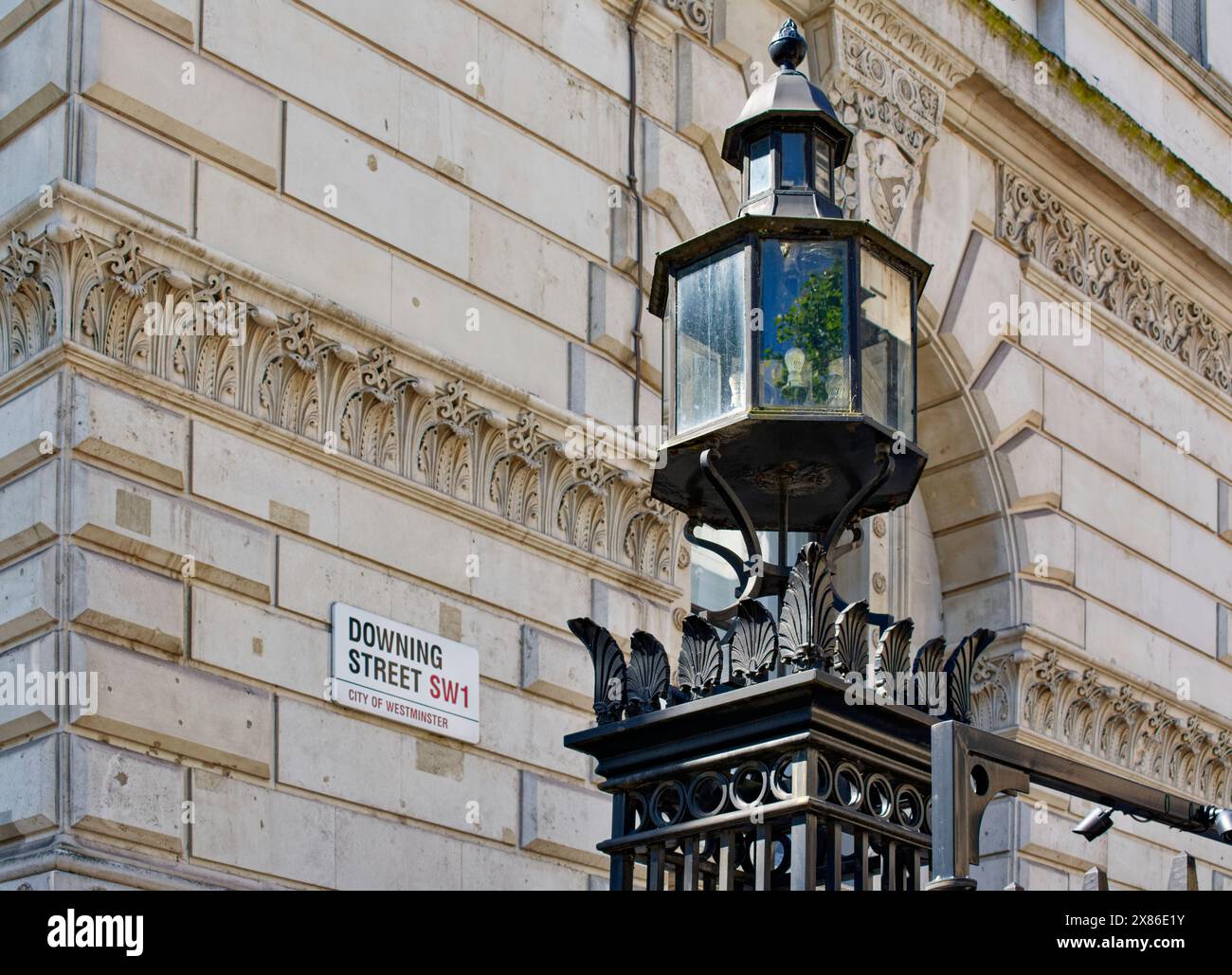 Downing Street Whitehall London an old black rusted lamp on top of the ...