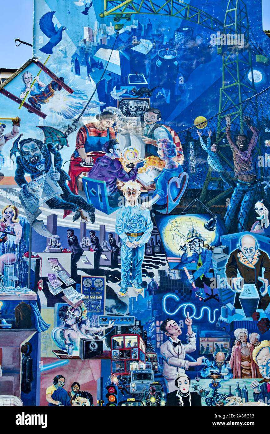 Fitzrovia Mural detail painted in 1980 by artists Simon Barber and Mick ...