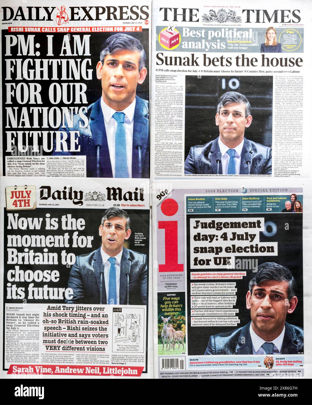 23 May 2024. A selection of newspapers show Rishi Sunak standing in the ...