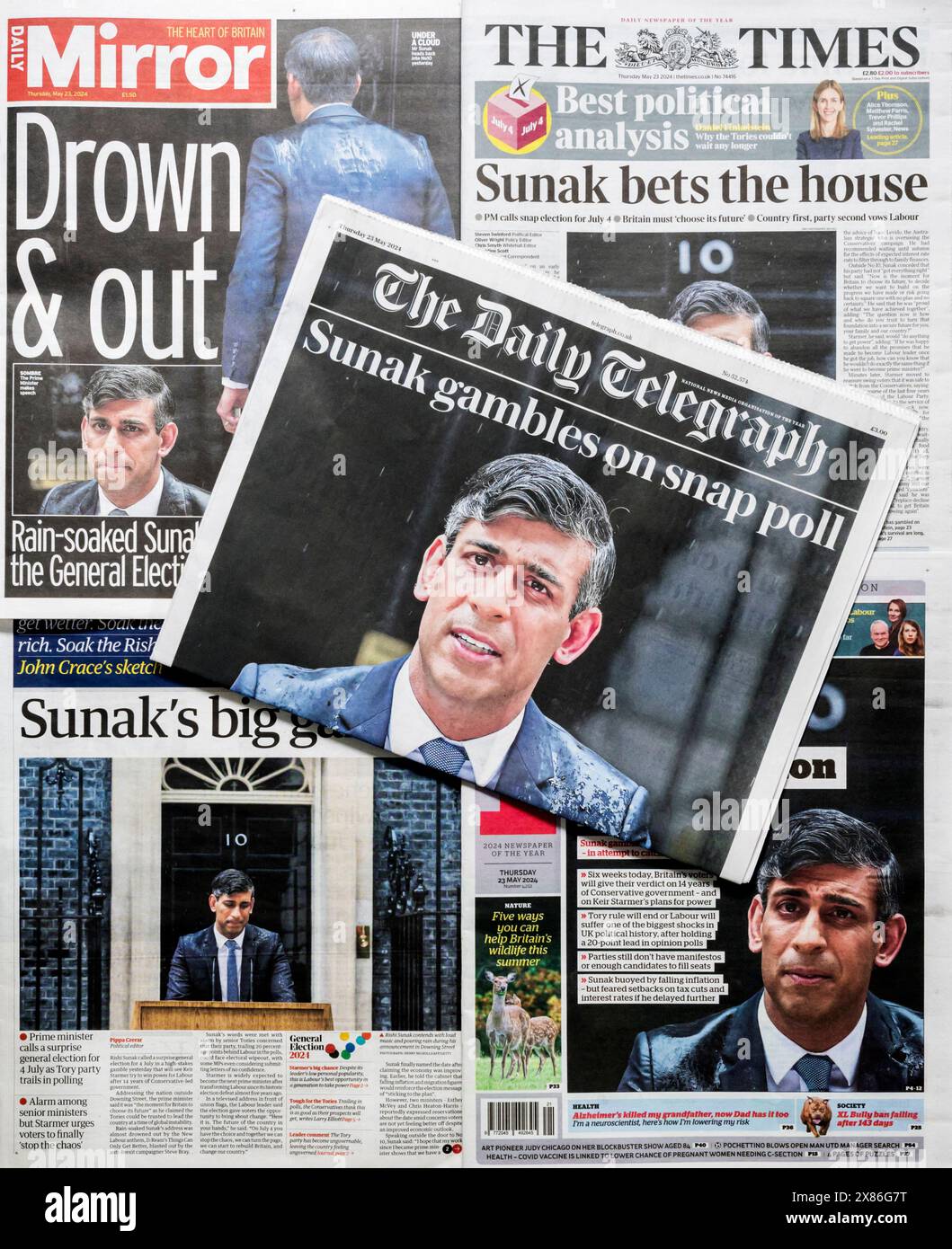 23 May 2024. A selection of newspapers show Rishi Sunak standing in the ...