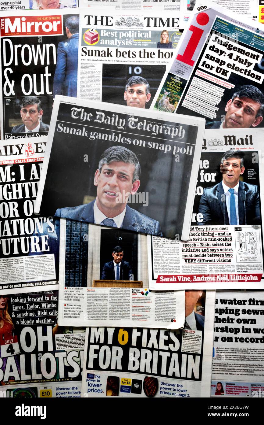 23 May 2024. A selection of newspapers show Rishi Sunak standing in the ...