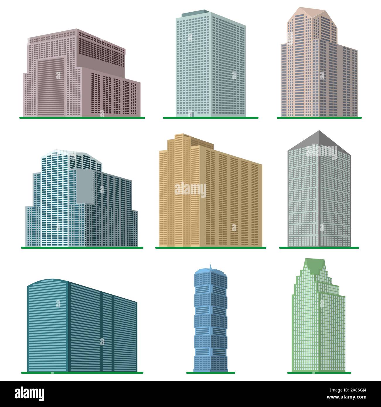 Set of nine modern high-rise building on a white background. View of ...