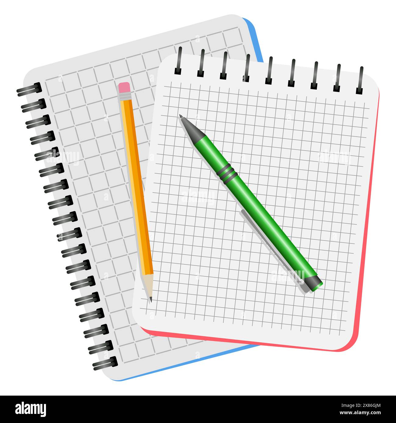 Two notebooks, green pen and yellow pencil on a white background Stock ...