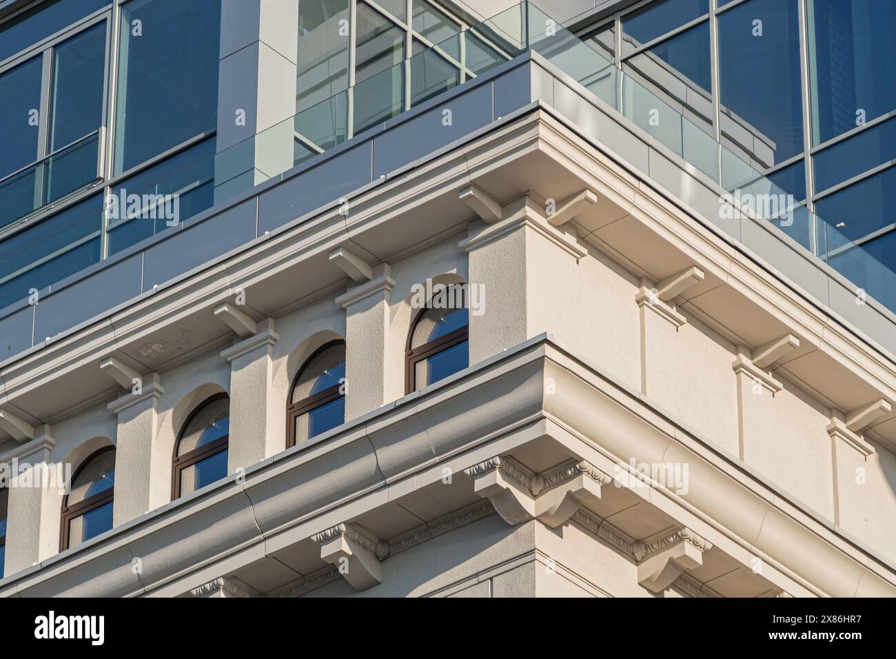 New building facade in housing complex. Modern style in architecture ...