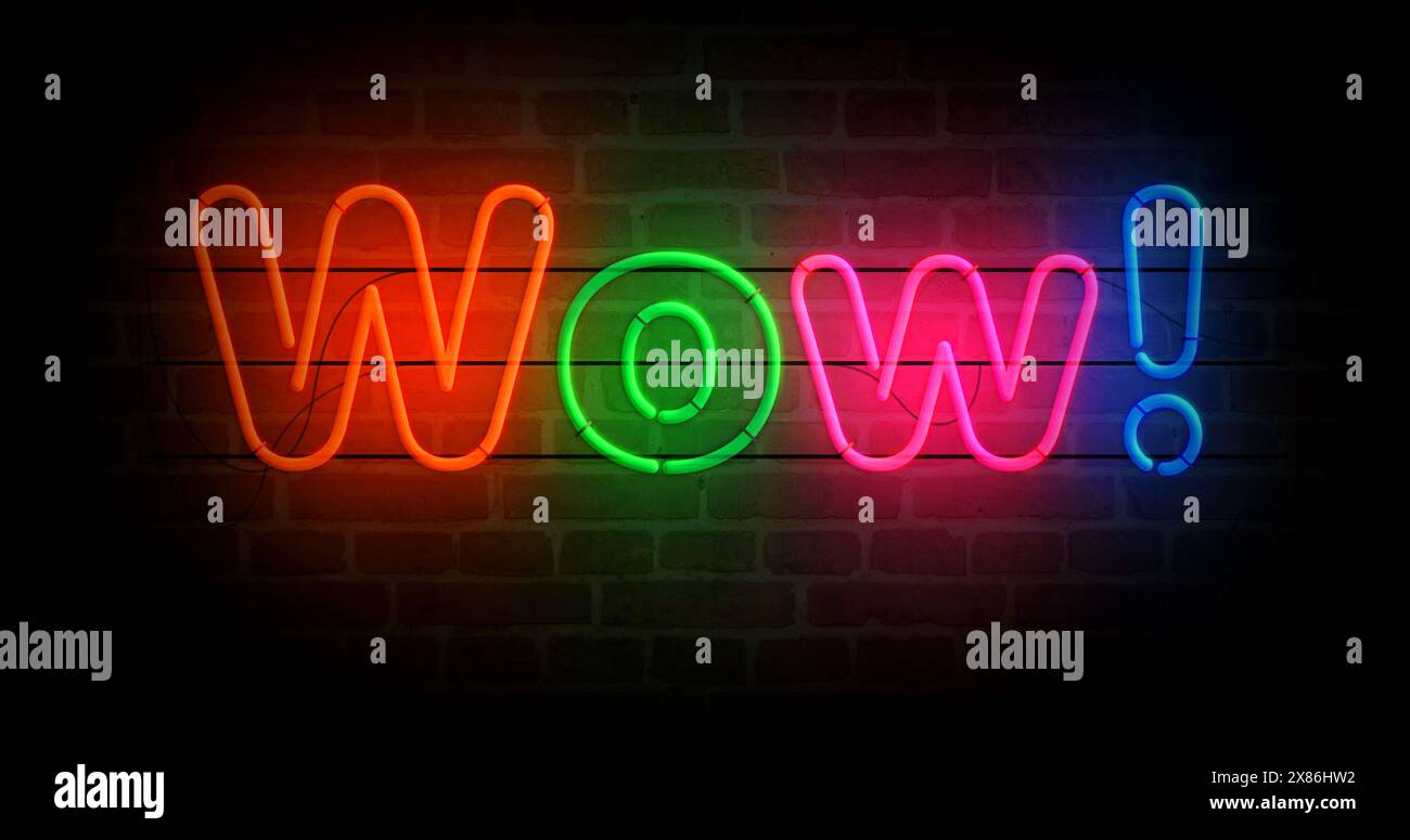 Wow neon symbol. Surprise excited light color bulbs. Abstract concept ...