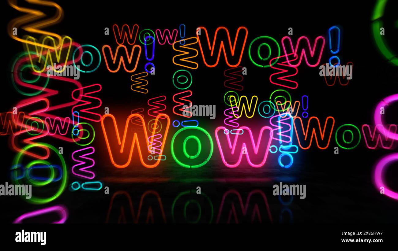 Wow neon symbol. Surprise excited light color bulbs. Abstract concept ...