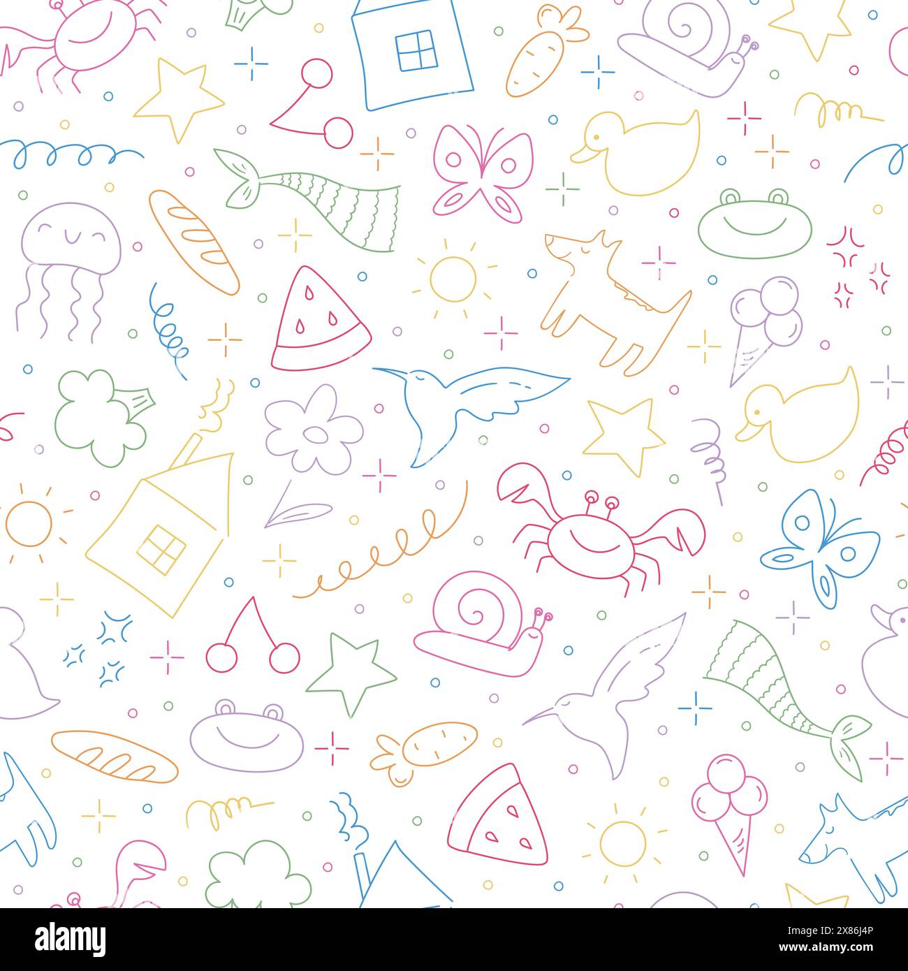 Childish doodle outline elements seamless pattern. Hand drawn animals ...