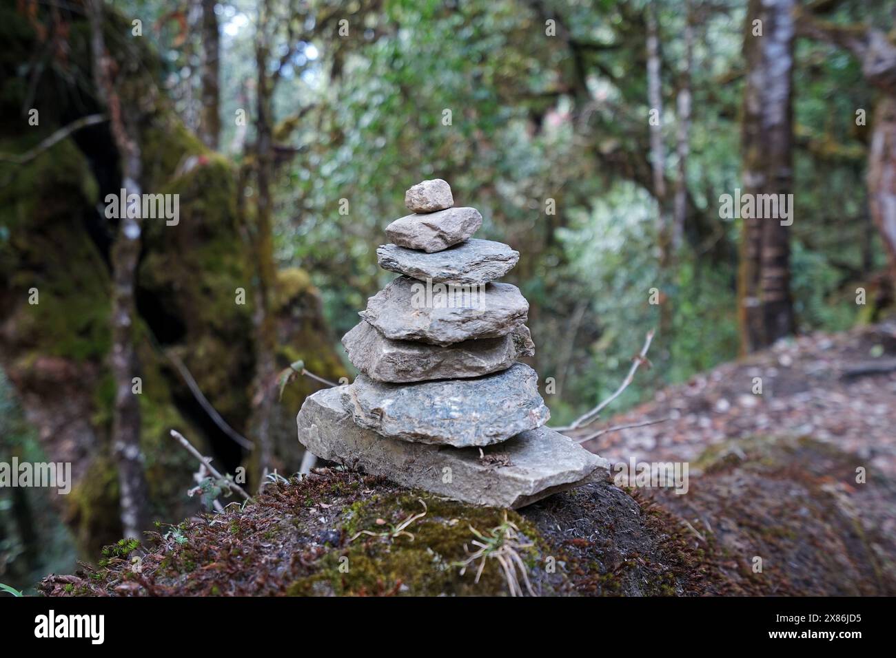 Prayer stone stacks among natural landscape of waterfall cascade and ...