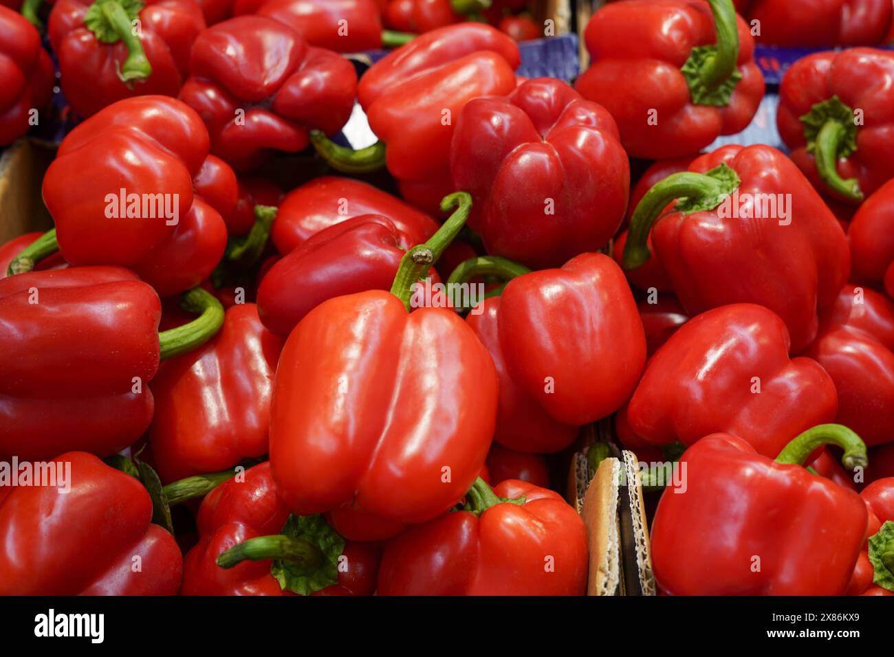 Red bell peppers in the box in grocery store Stock Photo - Alamy