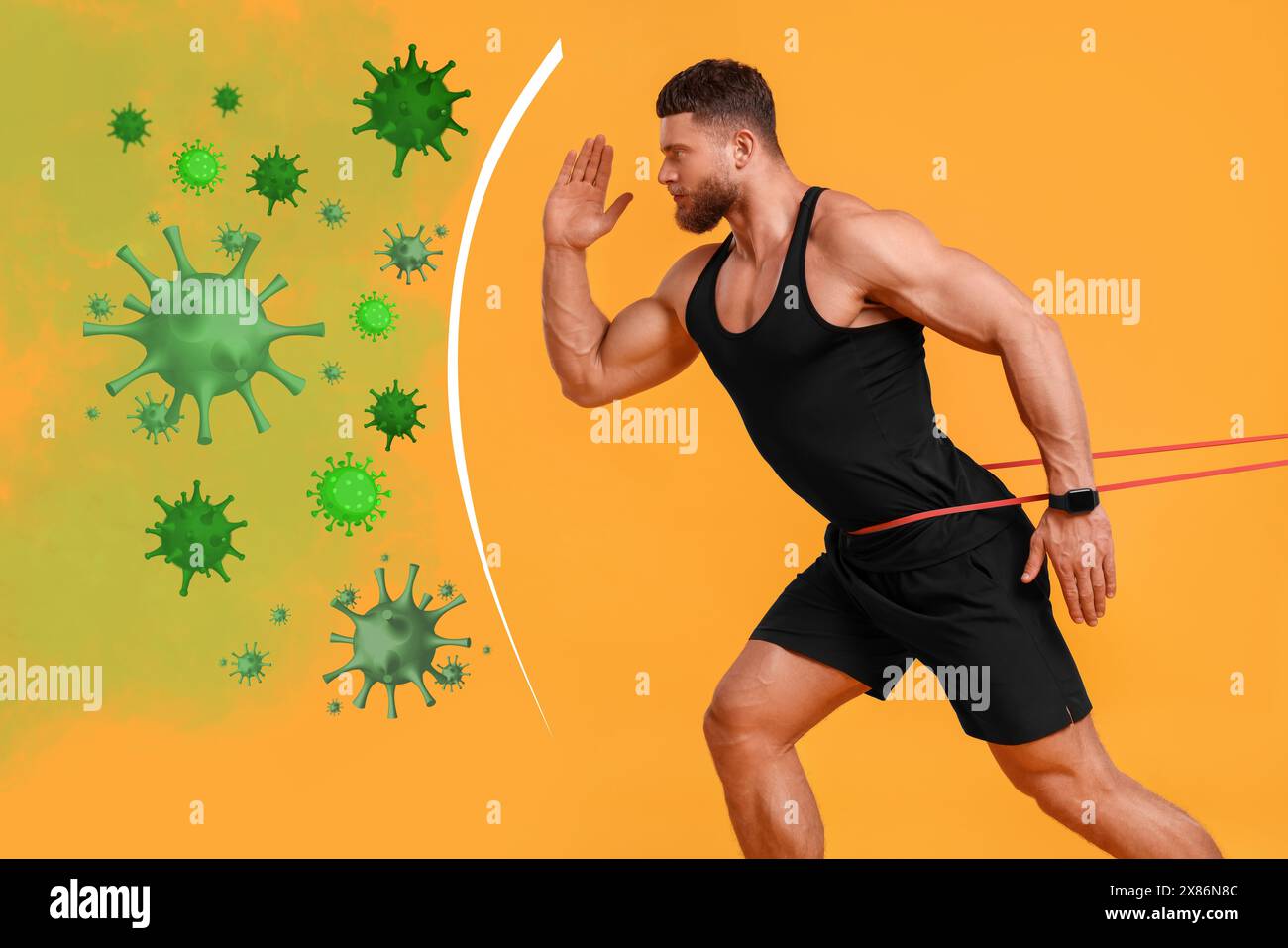 Sporty man exercising on orange background. Healthy lifestyle - base of ...