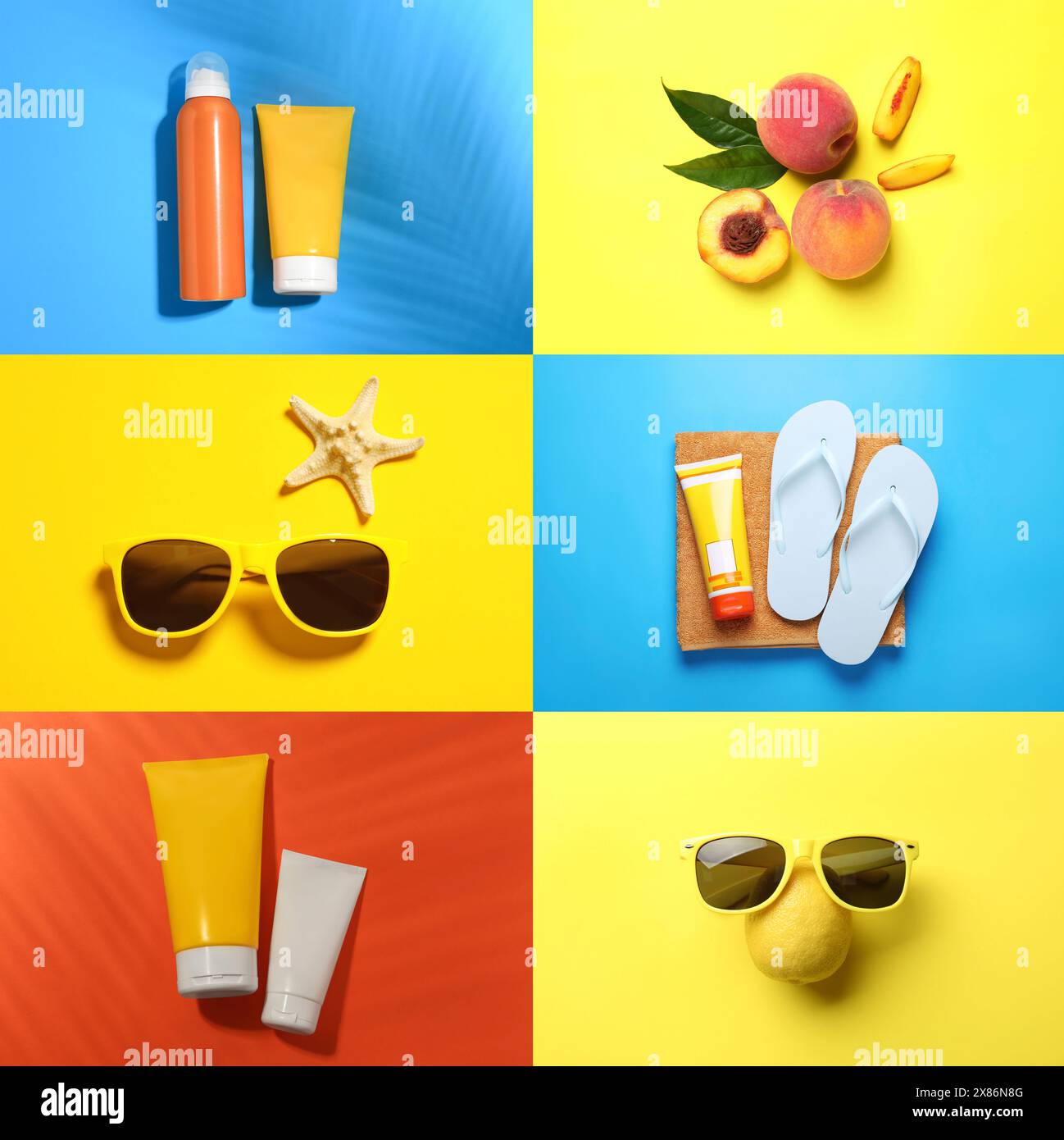 Summer vibes. Collage with beach stuff and fruits Stock Photo - Alamy