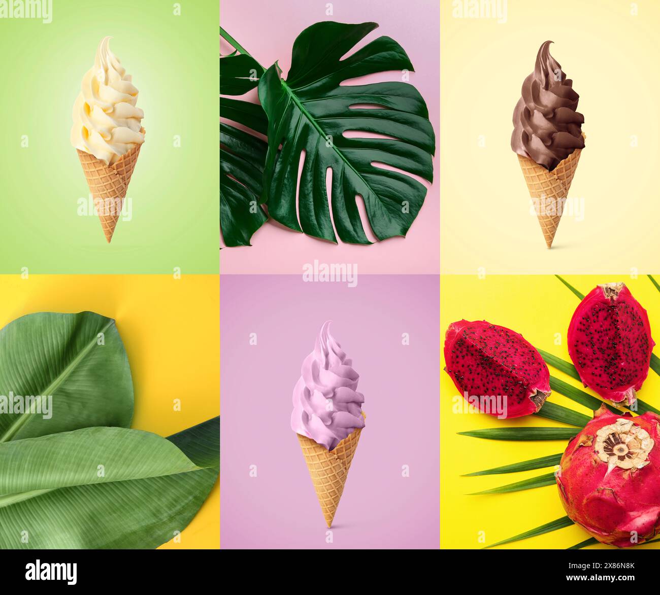 Summer vibes. Collage with ice cream, tropical leaves and fruit Stock ...