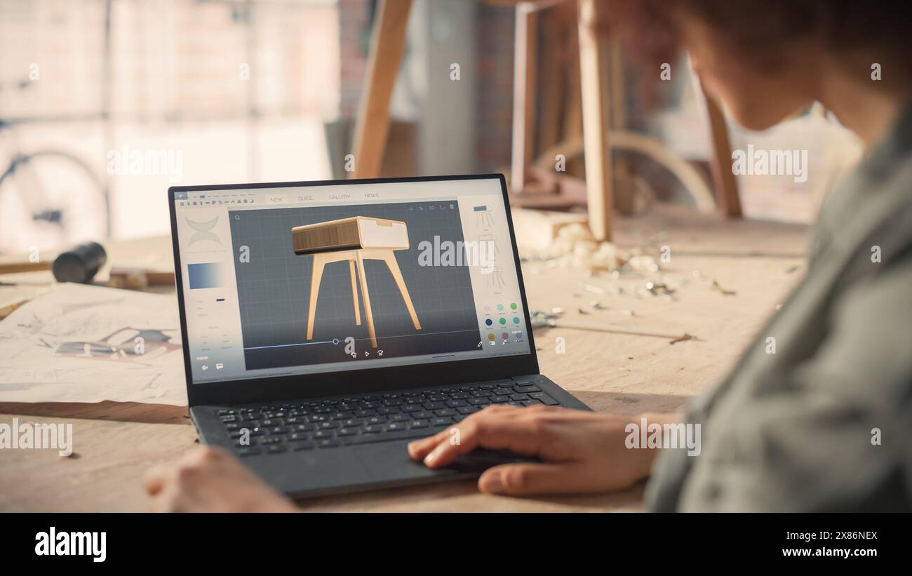 Woodcraft Artist Working on Laptop Computer, Creating a Digital 3D ...