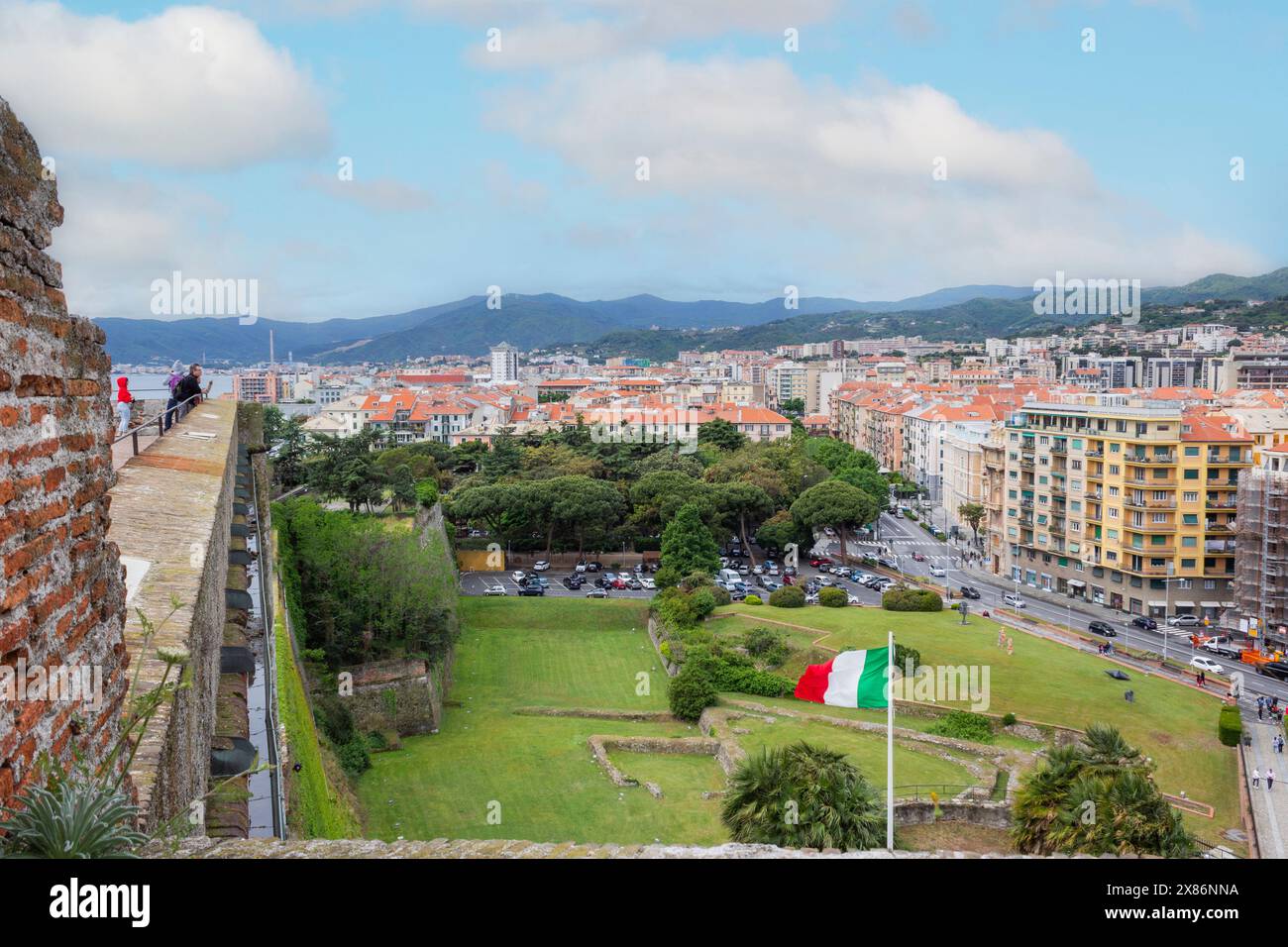 Savona, Liturgia, Italy. View over the city of Savona from the Priamar ...