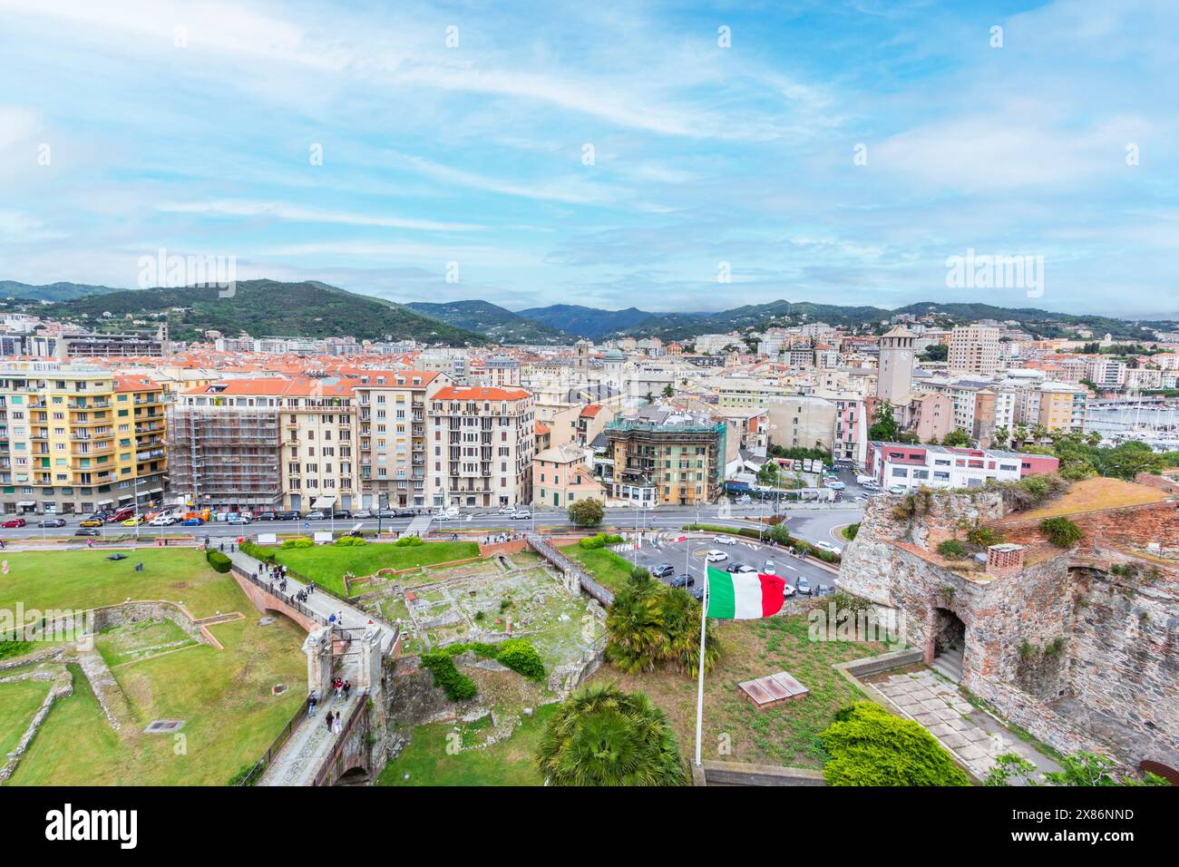 Savona, Liturgia, Italy. View over the city of Savona from the Priamar ...