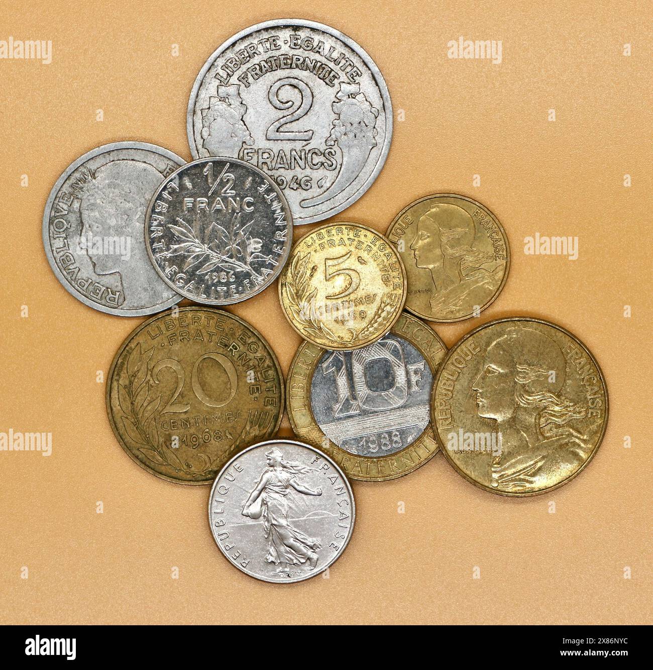 Photo close up of assorted French coins pre Euro non circulating francs ...