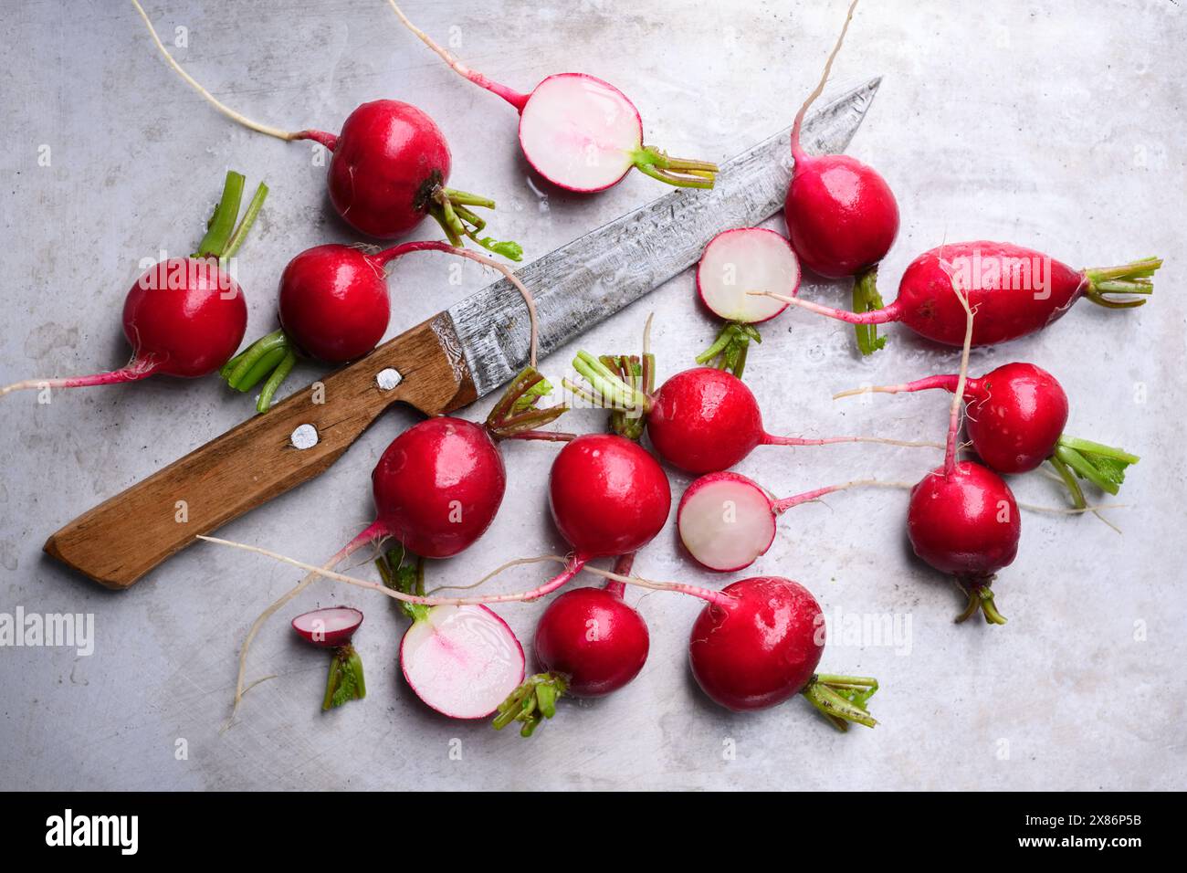 Fresh organic radish from own garden with knife on steel plate close up ...