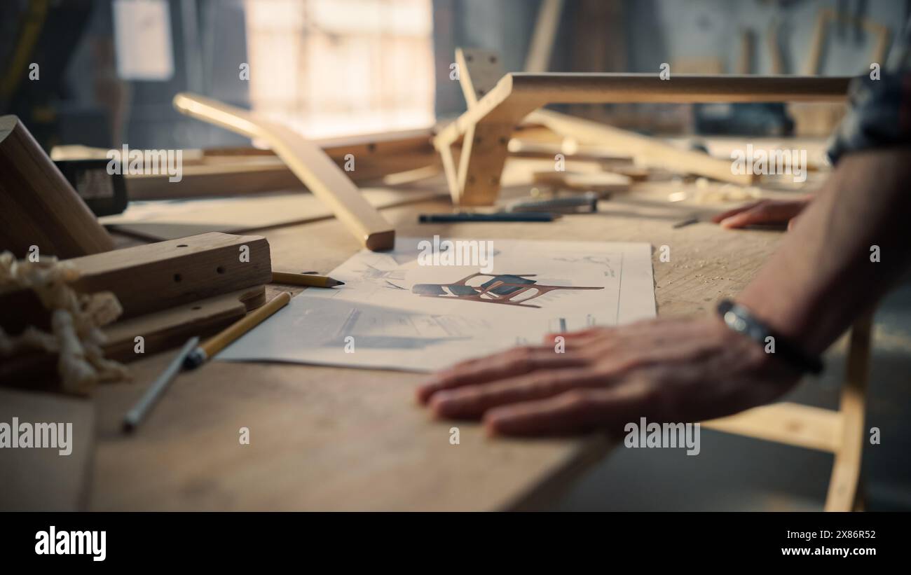 Young Carpenter Reading Blueprints and Starting to Assemble Parts of a ...