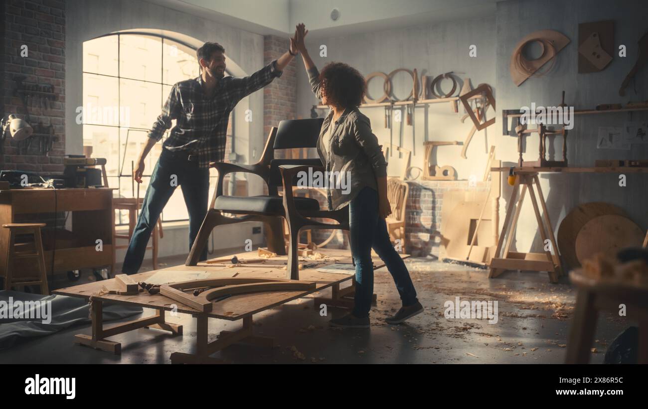 Carpenter Unveiling His New Armchair Design to a Friend, Colleague or ...
