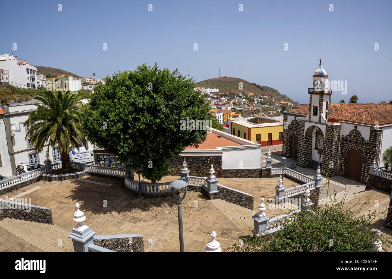 Valverde on the Canary Island of El Hierro. Main square with the church ...