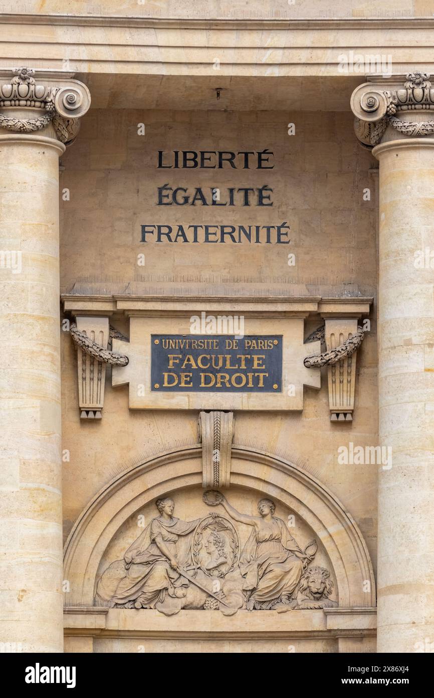 Paris, April 19th 2024:- A view of the French Republic's motto above the entrance to the ...