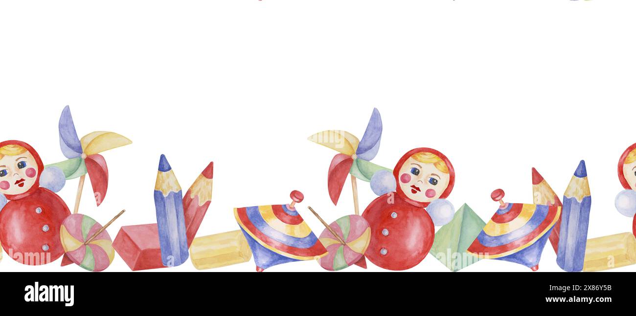 Toys seamless border, doll with pinwheel, humming top, balloons, blue ...