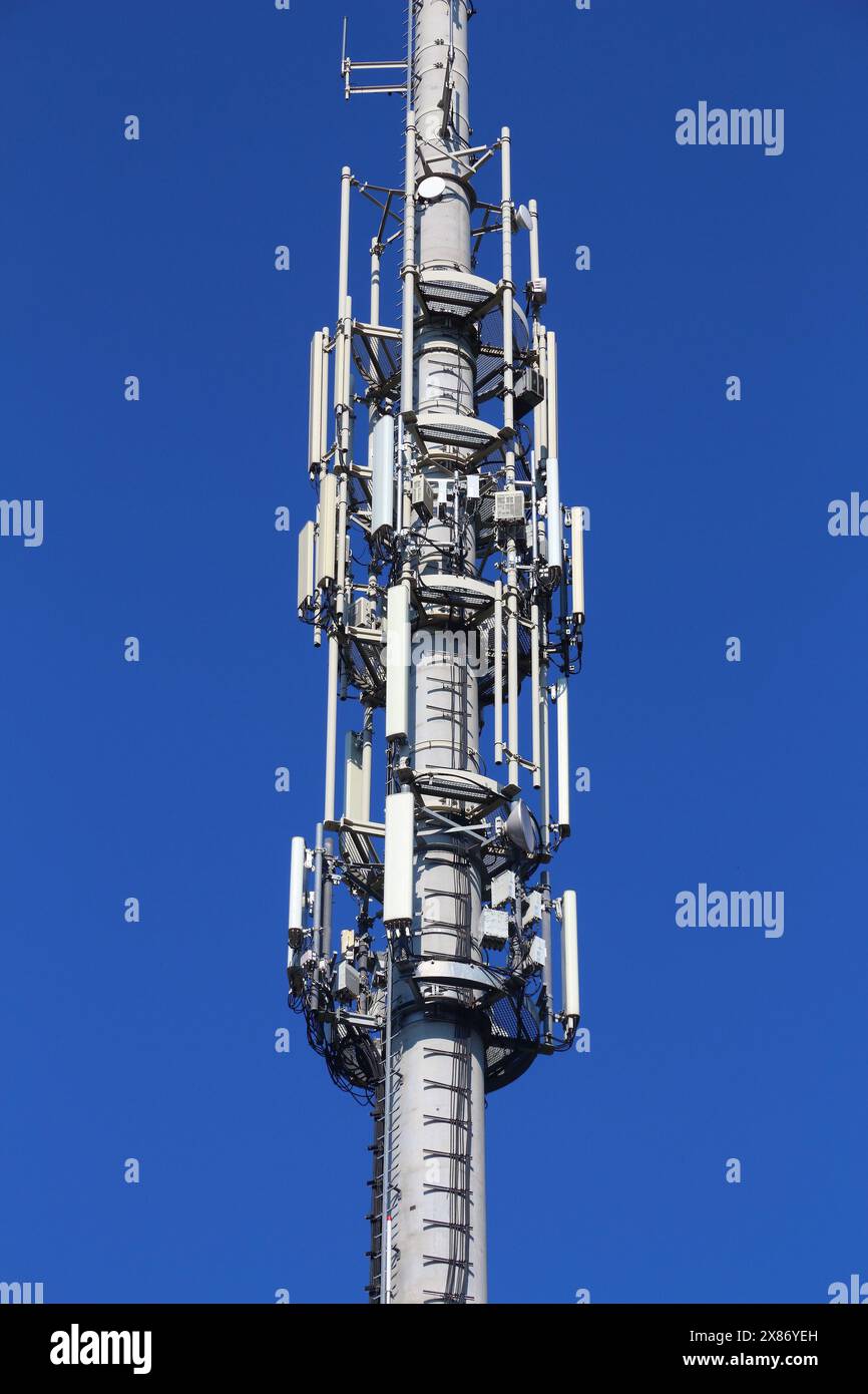 Telecom base station in Poland. Cell tower sector antennas. Mobile 5G transmitter equipment ...
