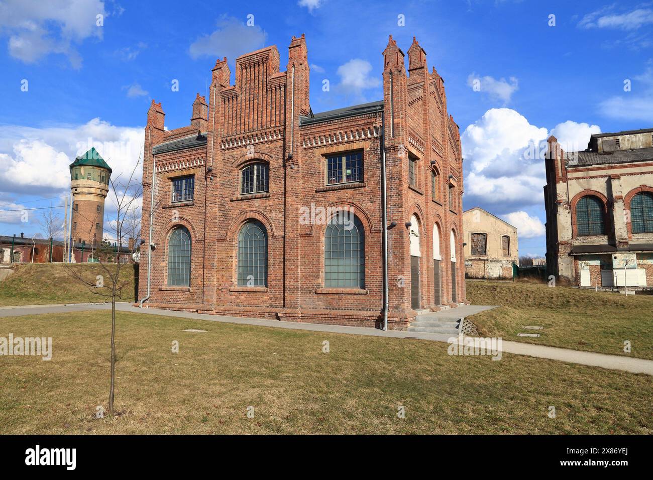 Katowice, Poland - old industrial factory brick architecture. Upper ...