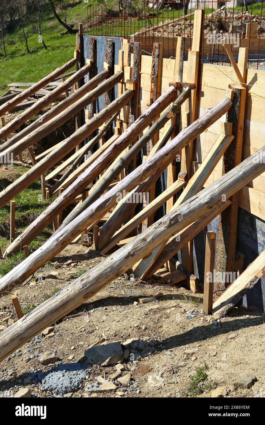 Wooden formwork for house foundation, before pouring the concrete ...