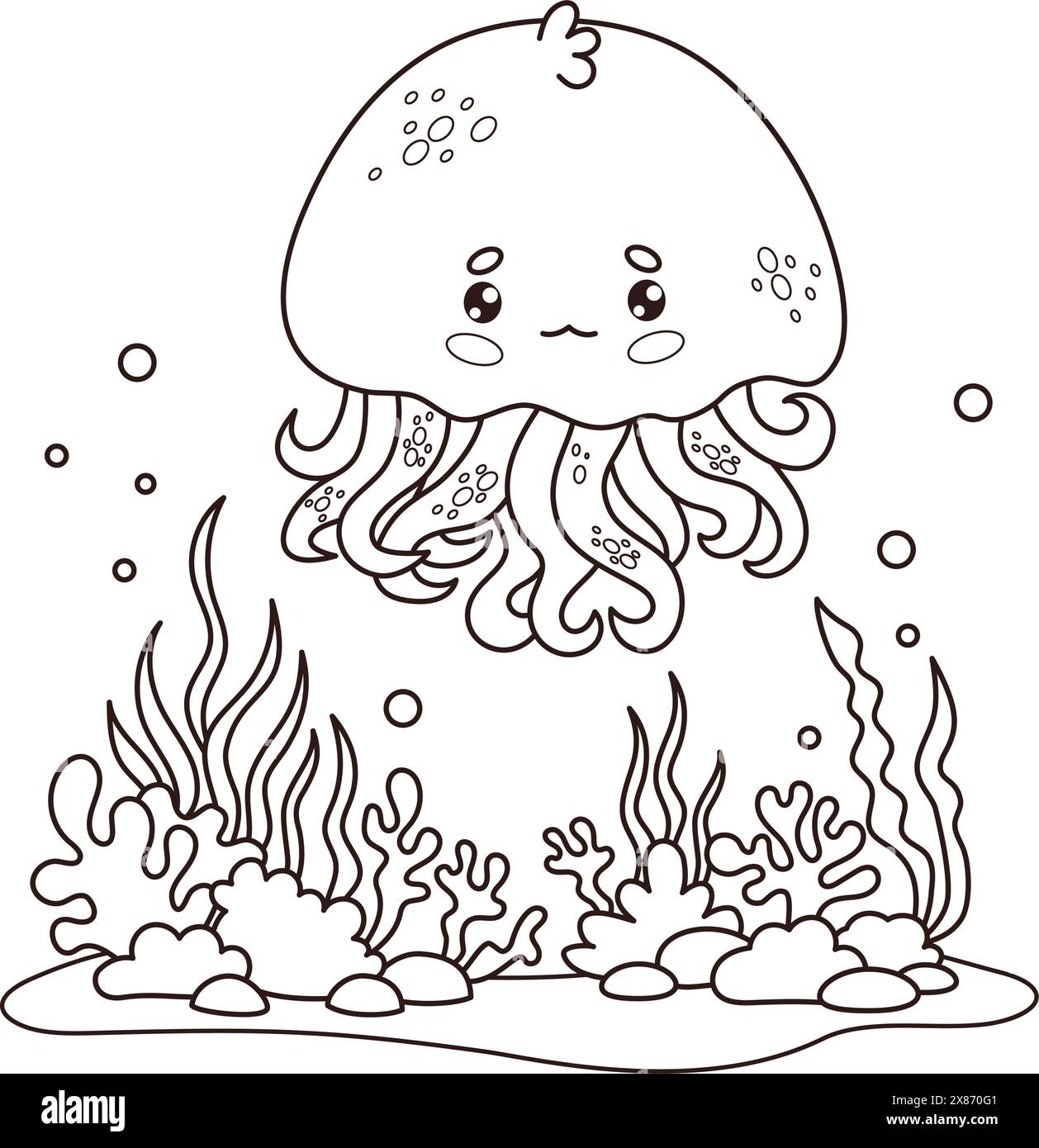 Cute jellyfish with underwater landscape with algae and corals. Outline ...