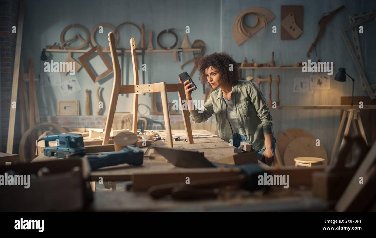 Product Designer Taking a Smartphone Photo of a Wooden Chair Project ...
