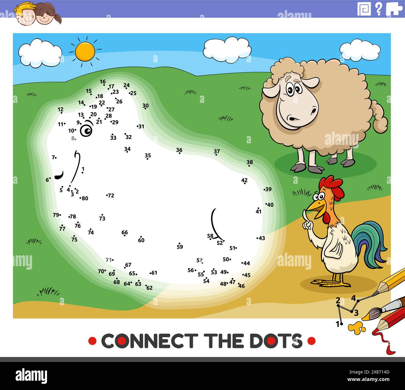 Cartoon illustration of educational connect the dots activity with farm ...