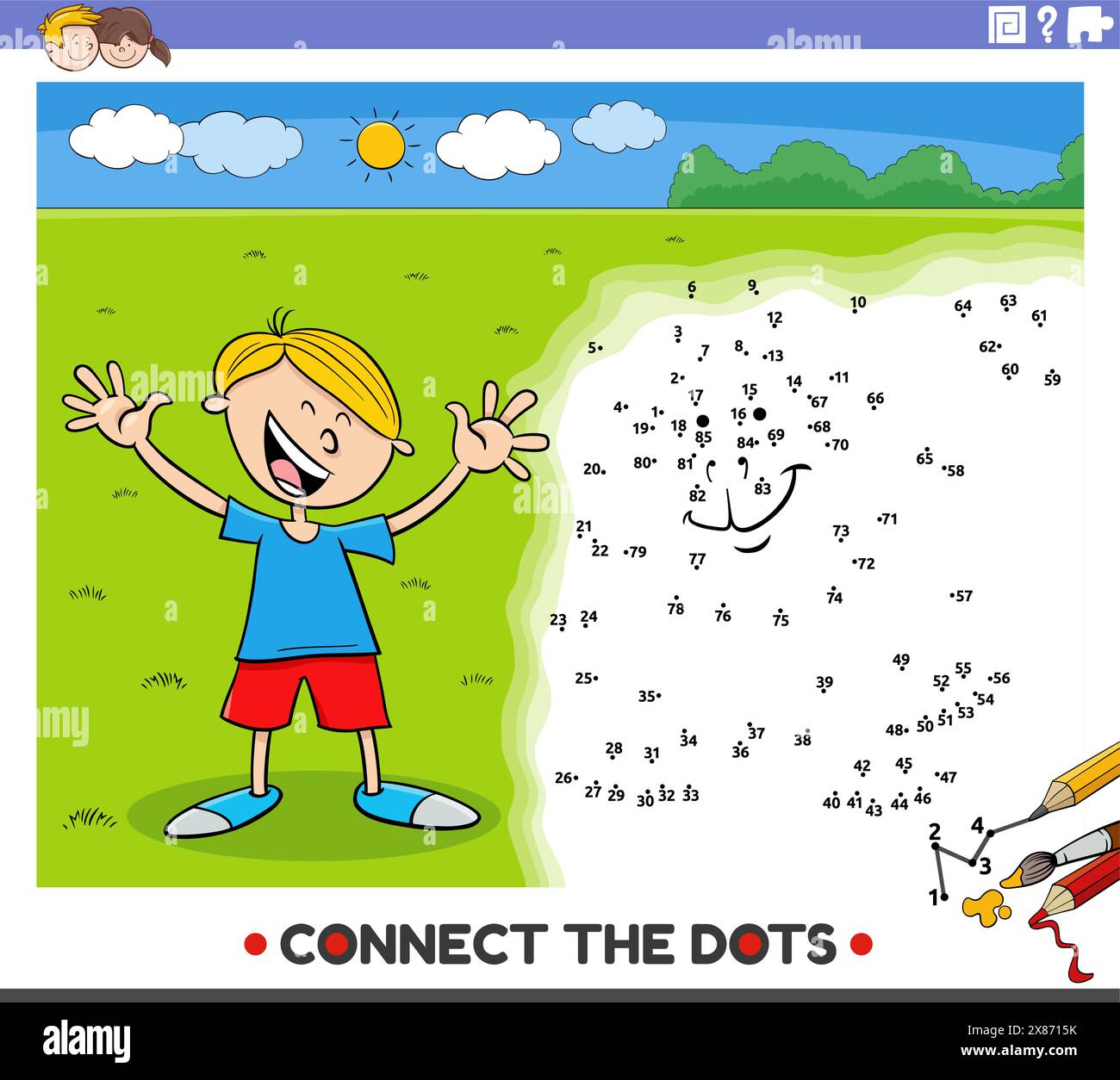 Cartoon illustration of educational connect the dots activity with boy ...