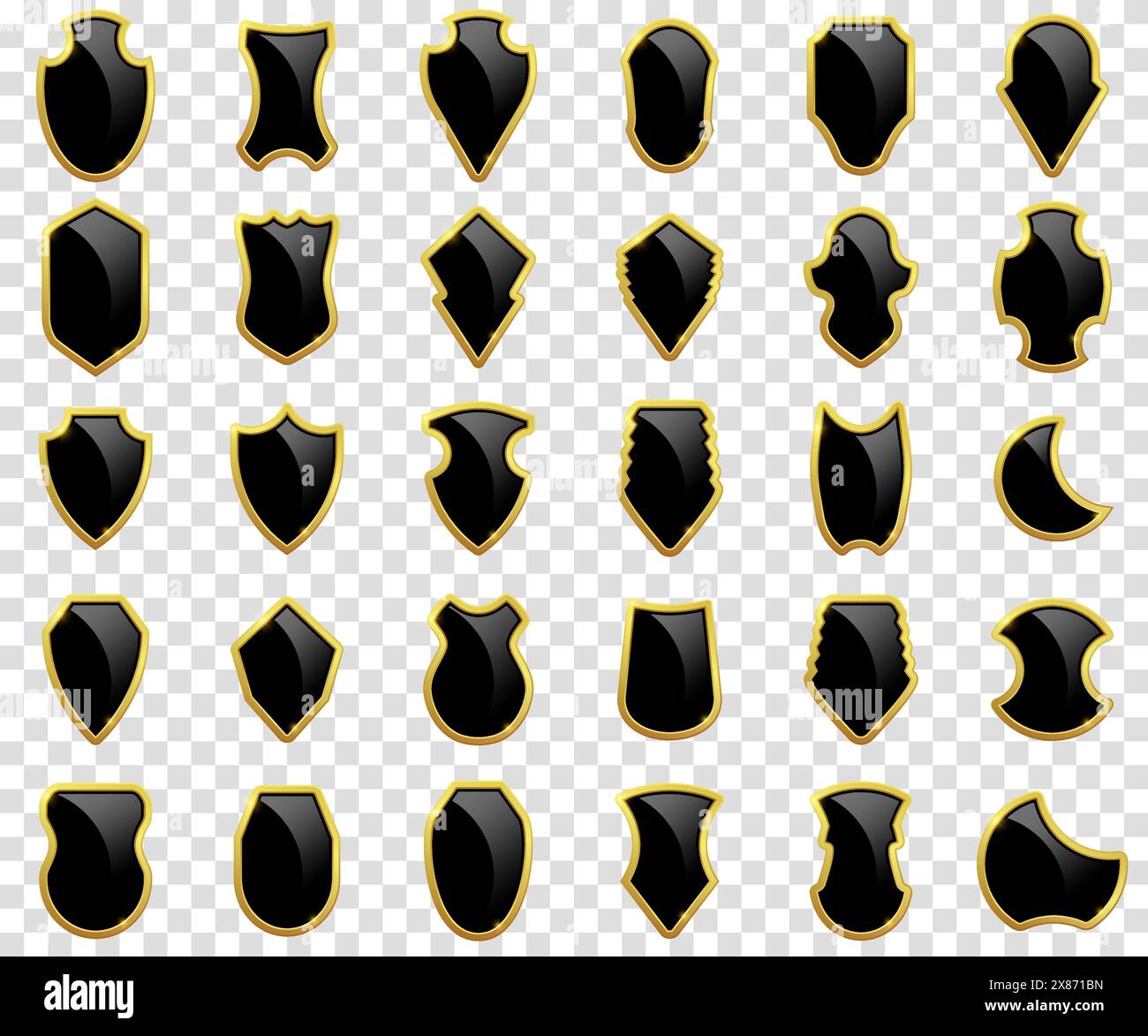 Set of glass glossy shield with golden frame. Vector illustration Stock ...