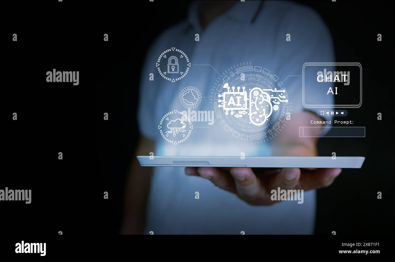 Artificial Intelligence. AI technology. A man uses chat Ai tech on his ...