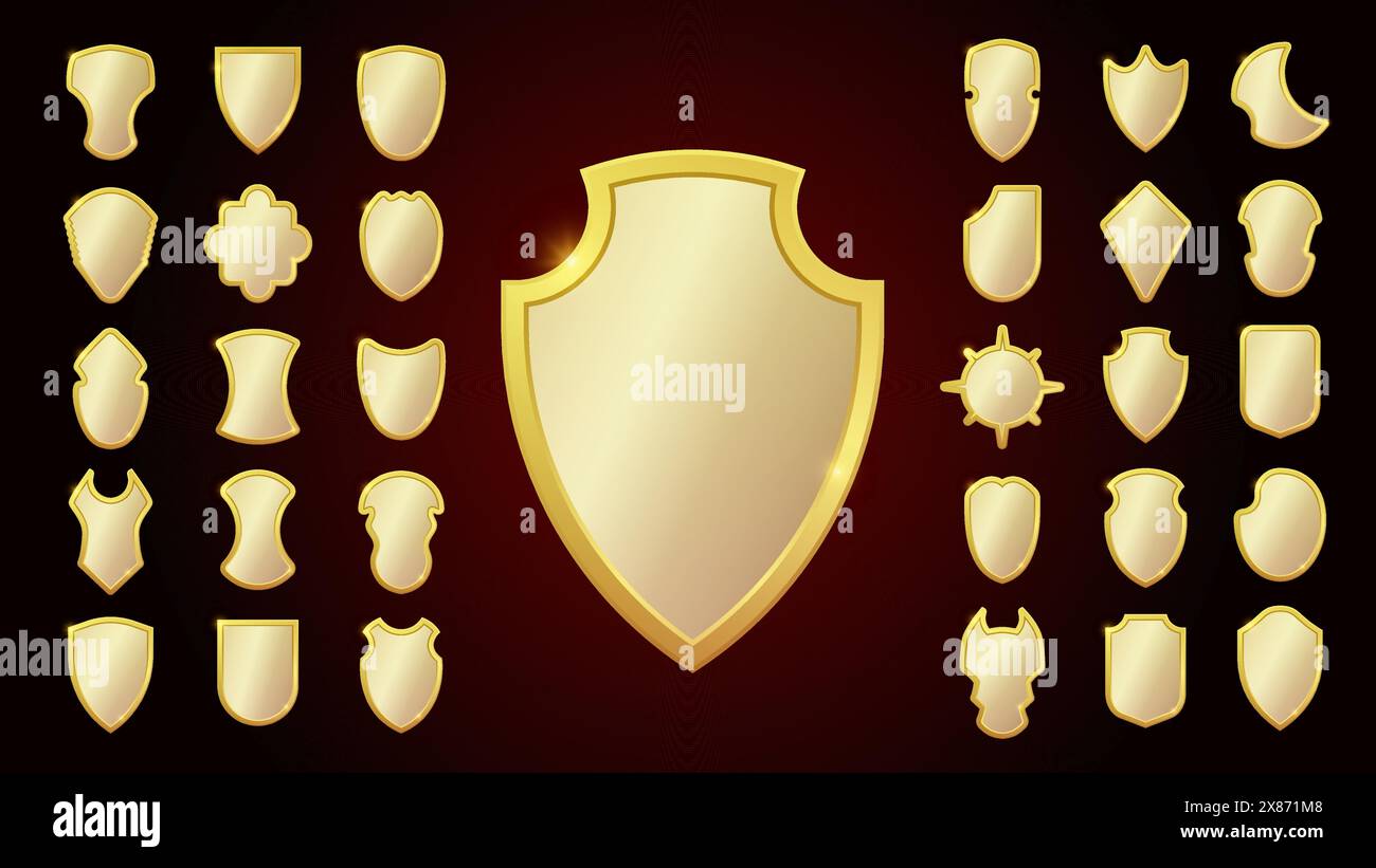 Set of realistic golden heraldic shields. Glass and glossy shield ...