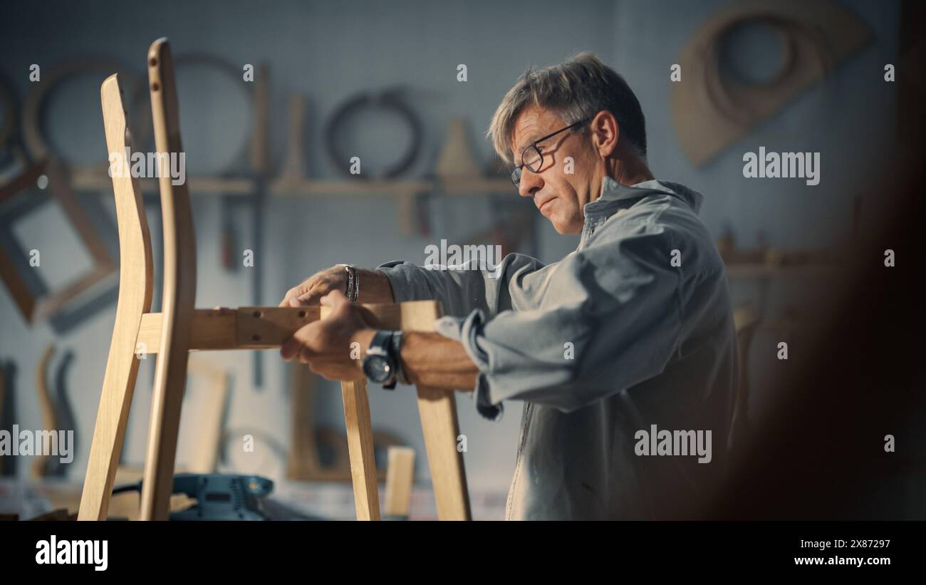 Close Up Portrait of a Middle Aged Carpenter Assembling Parts of a ...