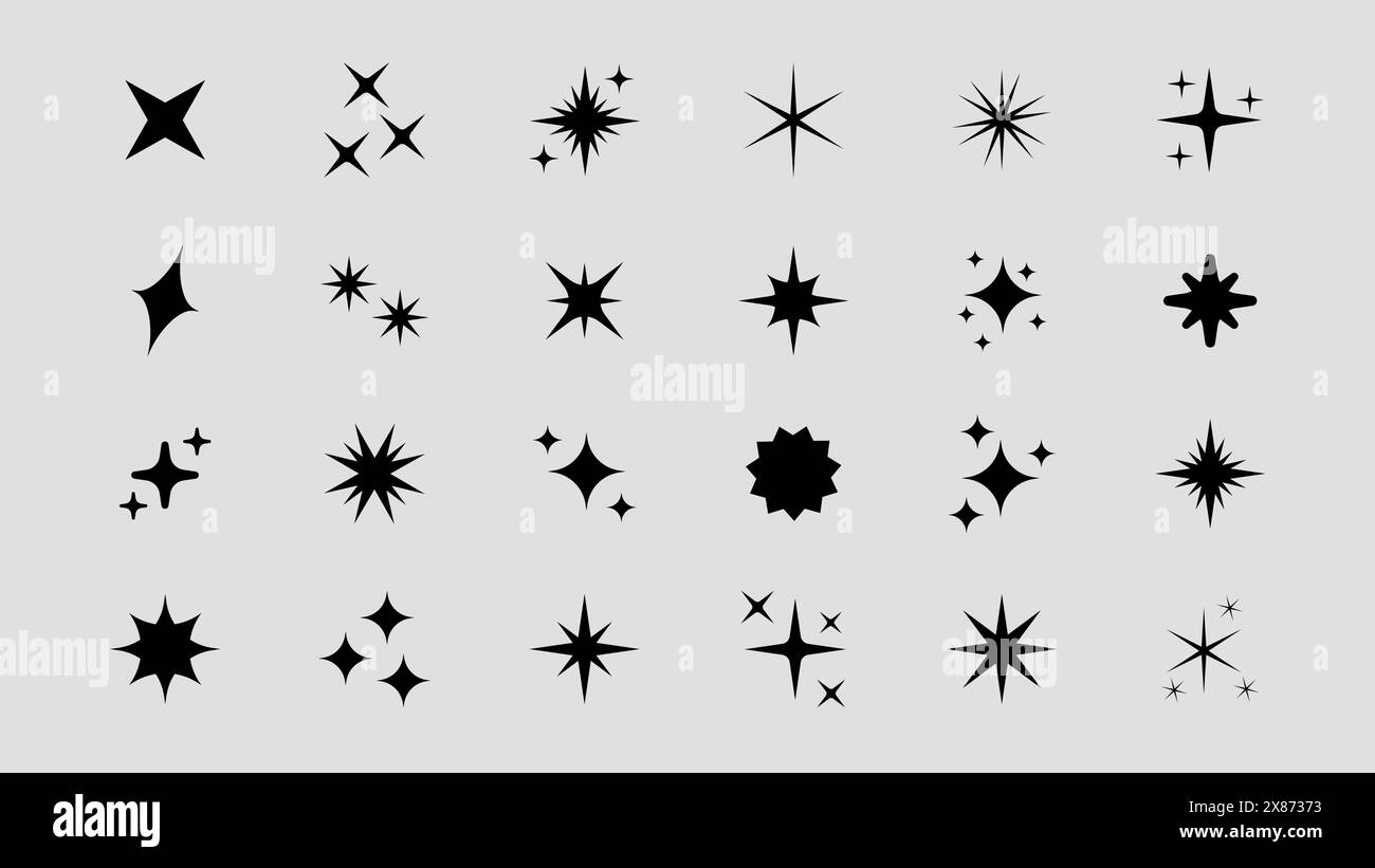 Set of original star sparkle shapes. Abstract shine effect vector sign. Retro futuristic bright ...