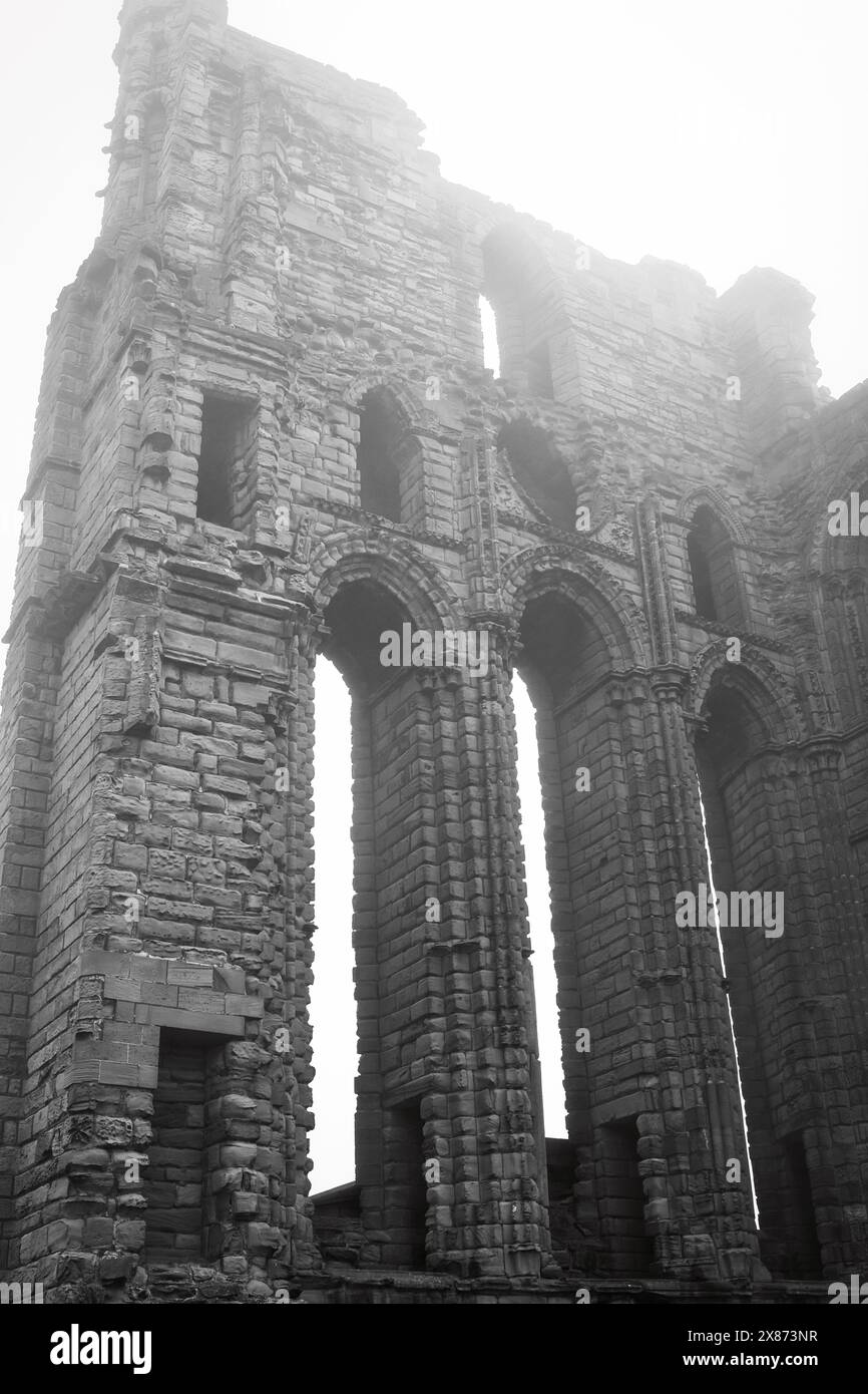 A black and white photograph of an ancient stone ruin with tall arched ...