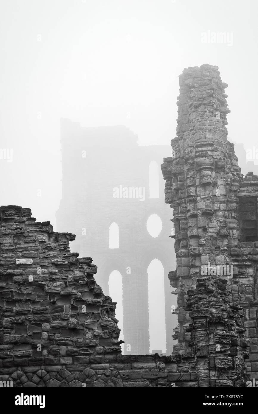 Black and white photograph of ancient stone ruins shrouded in fog. The ...