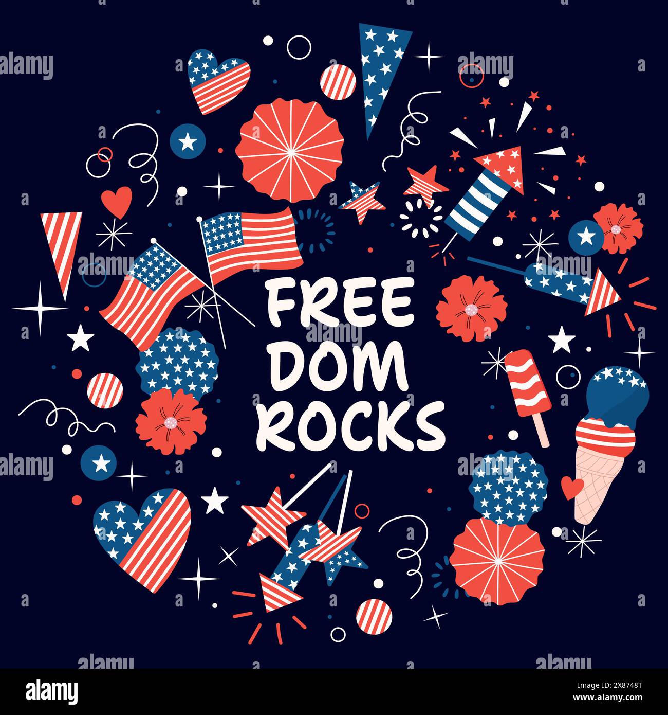 Bright handdrawn celebration poster freedom rocks. 4th of July vector ...