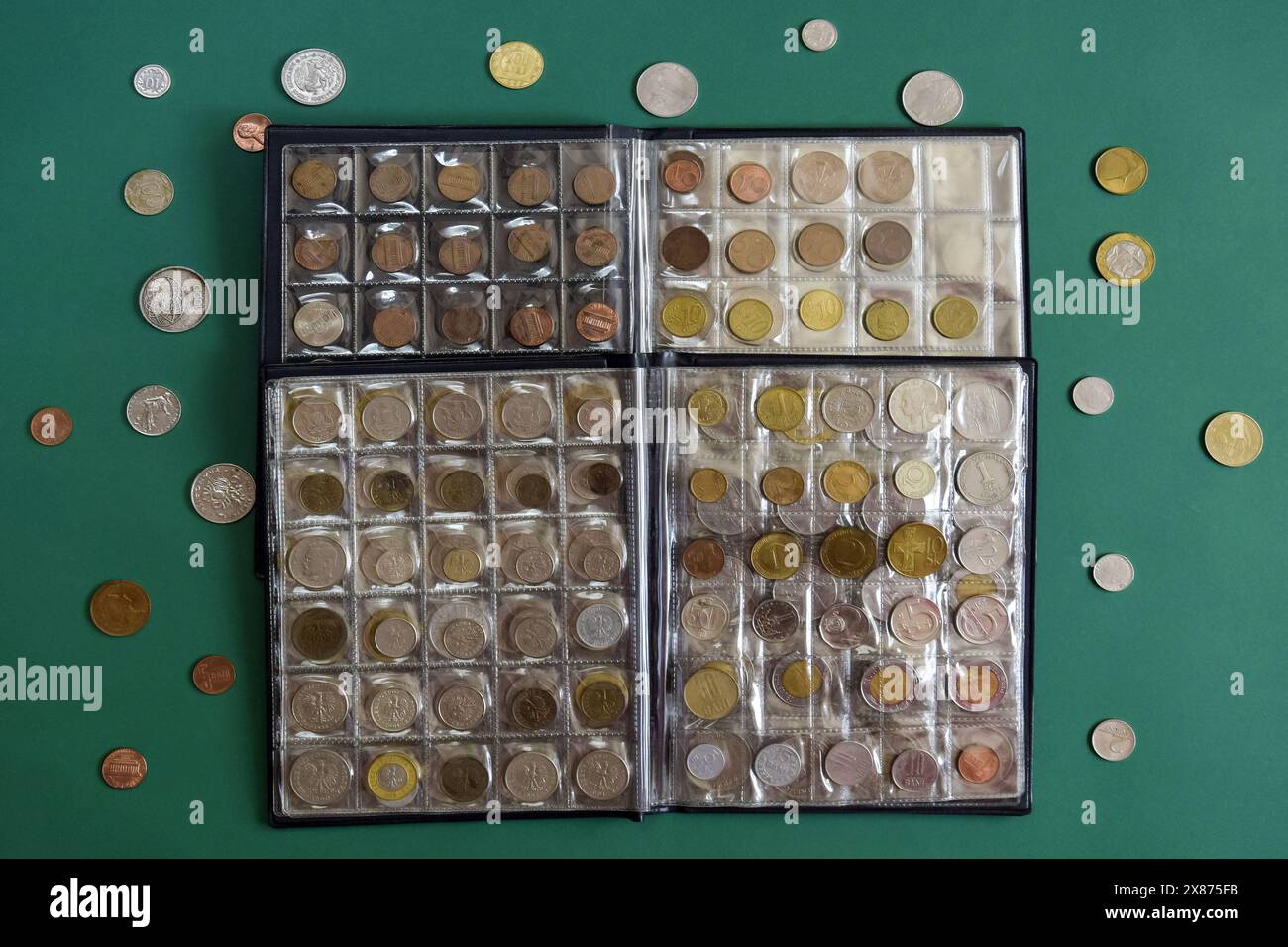Coins of different countries are arranged in transparent blisters in ...