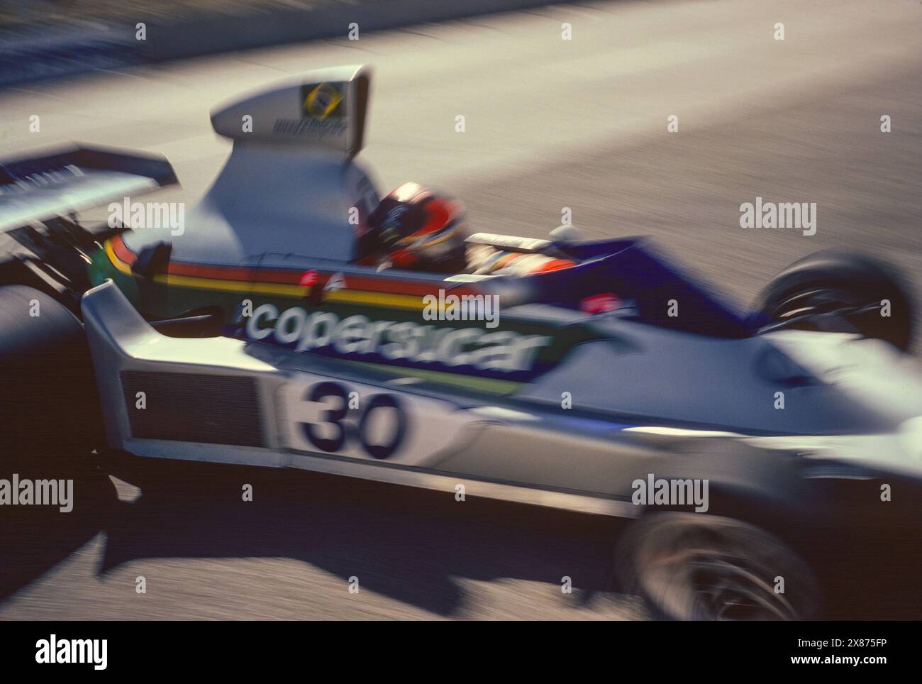 Emerson Fitipaldi in his Fittipaldi-Ford competing in the USGP West ...