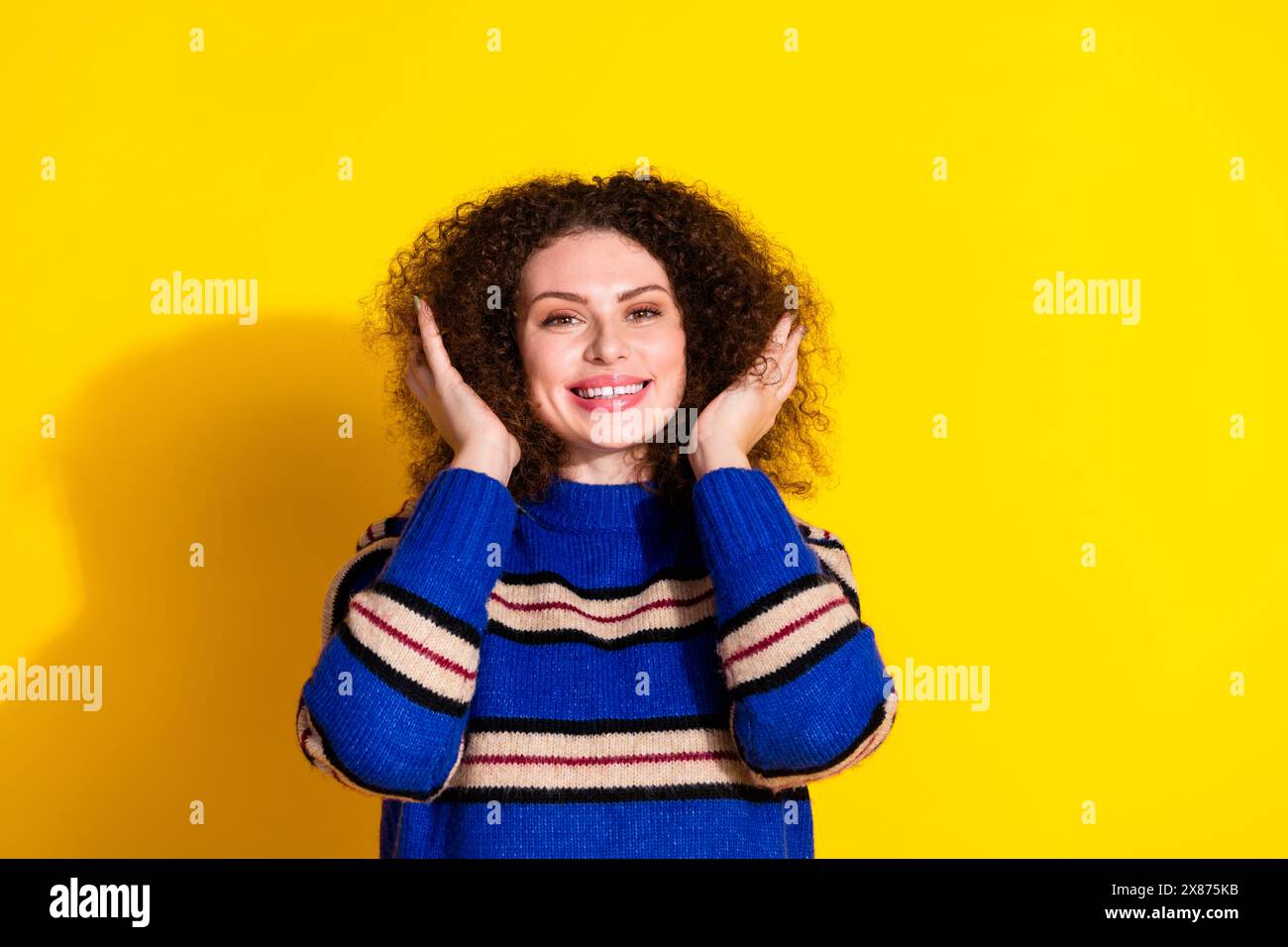 Portrait Of Adorable Cheerful Girl With Wavy Hairstyle Wear Knit