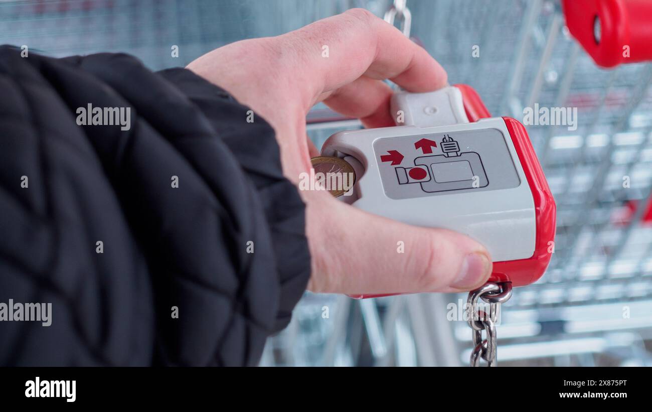 Closeup view of a person inserting a coin into a shopping cart lock ...