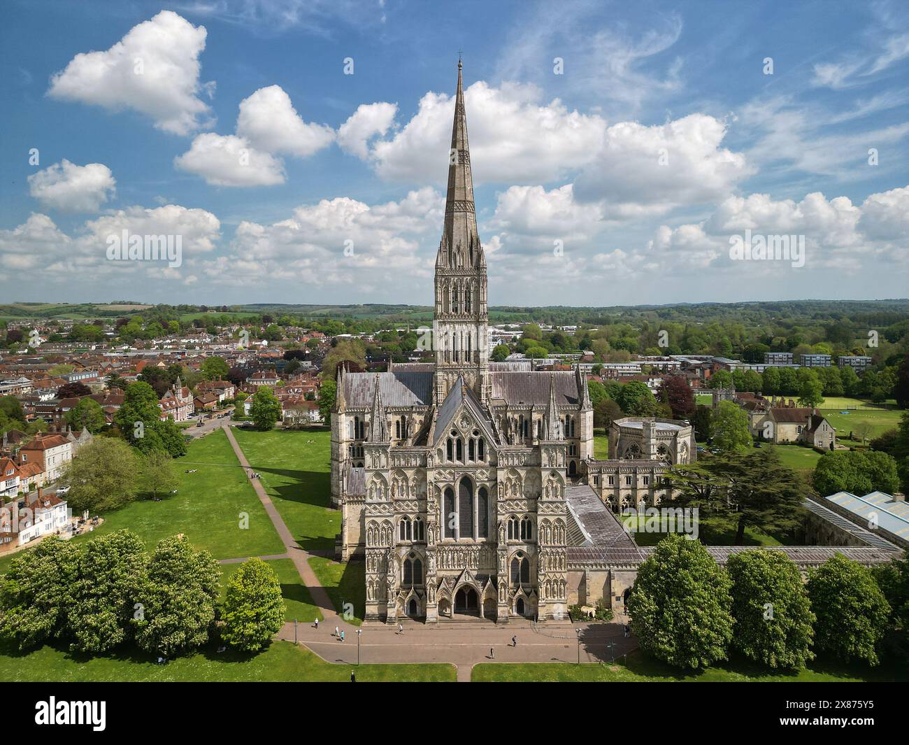 Aerial view of The Great West Front of Salisbury Cathedral, Salisbury ...