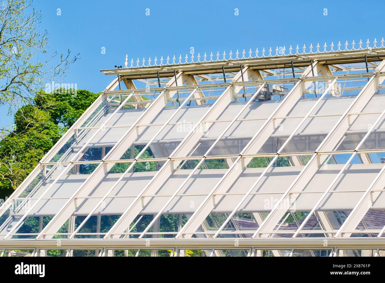 A close-up view of a greenhouse roof with clear glass panels and a blue ...